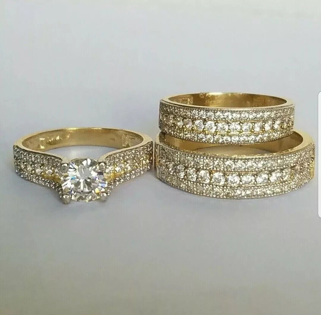 2CT 14K Yellow Gold Plated Wedding His & Her Trio Ring Set Lab Created ...