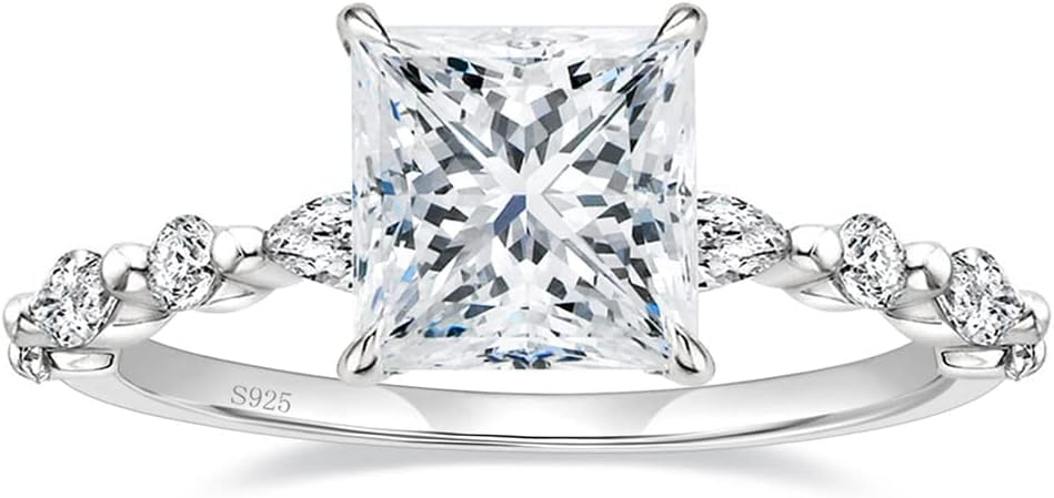 2CT 925 Sterling Silver Ring Princess Cut CZ Engagement Ring Marquise & Round Cubic Zirconia ...