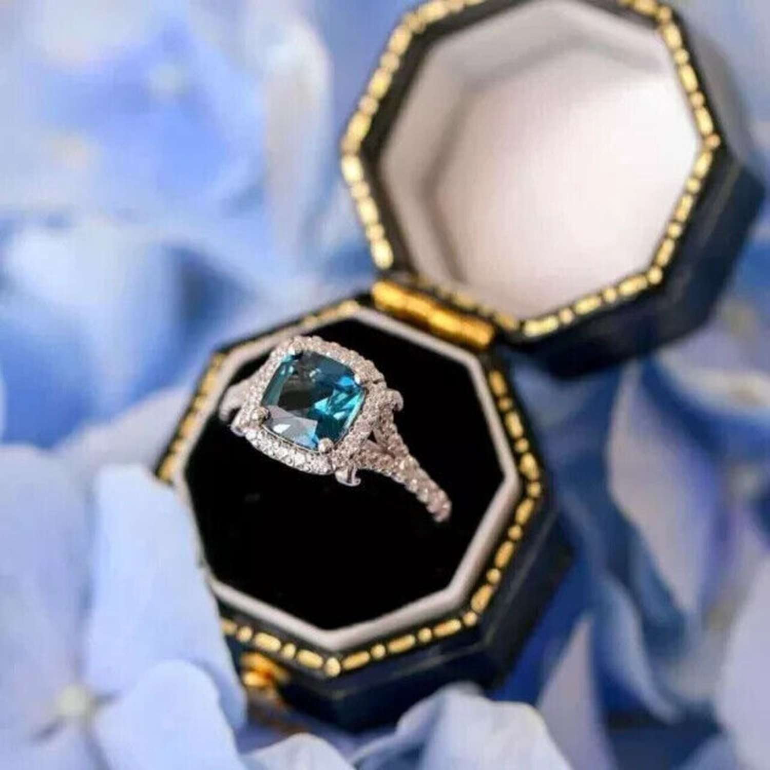 2CT Cushion Cut Blue Topaz 925 Silver Halo Engagement Ring 14k White ...
