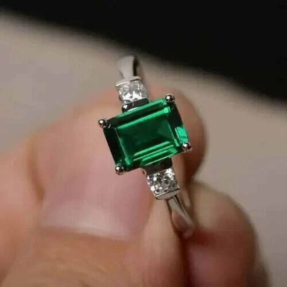 2CT Emerald Cut Simulated Green Emerald Women's Ring 14K White Gold ...