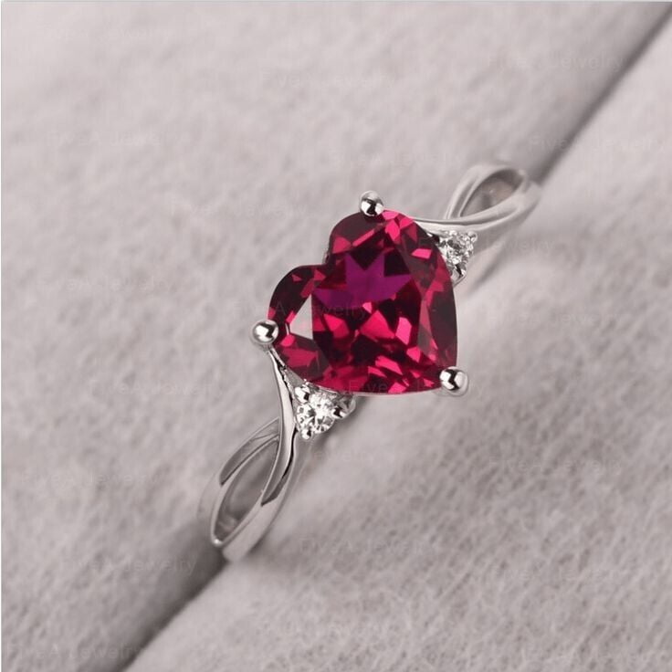 2CT Heart Cut Lab Created Red Ruby Women's Engagement Ring 14K White ...