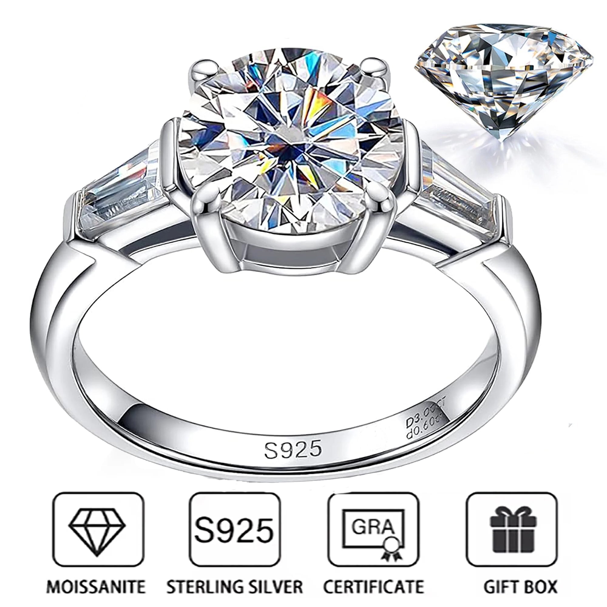 2CT Moissanite Engagement Rings for Women 3 Stone D Color VVS1 Round ...