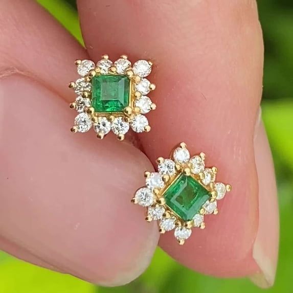 2CT Princess Cut Green Emerald 925 Silver Stud Earrings 14K Yellow Gold ...