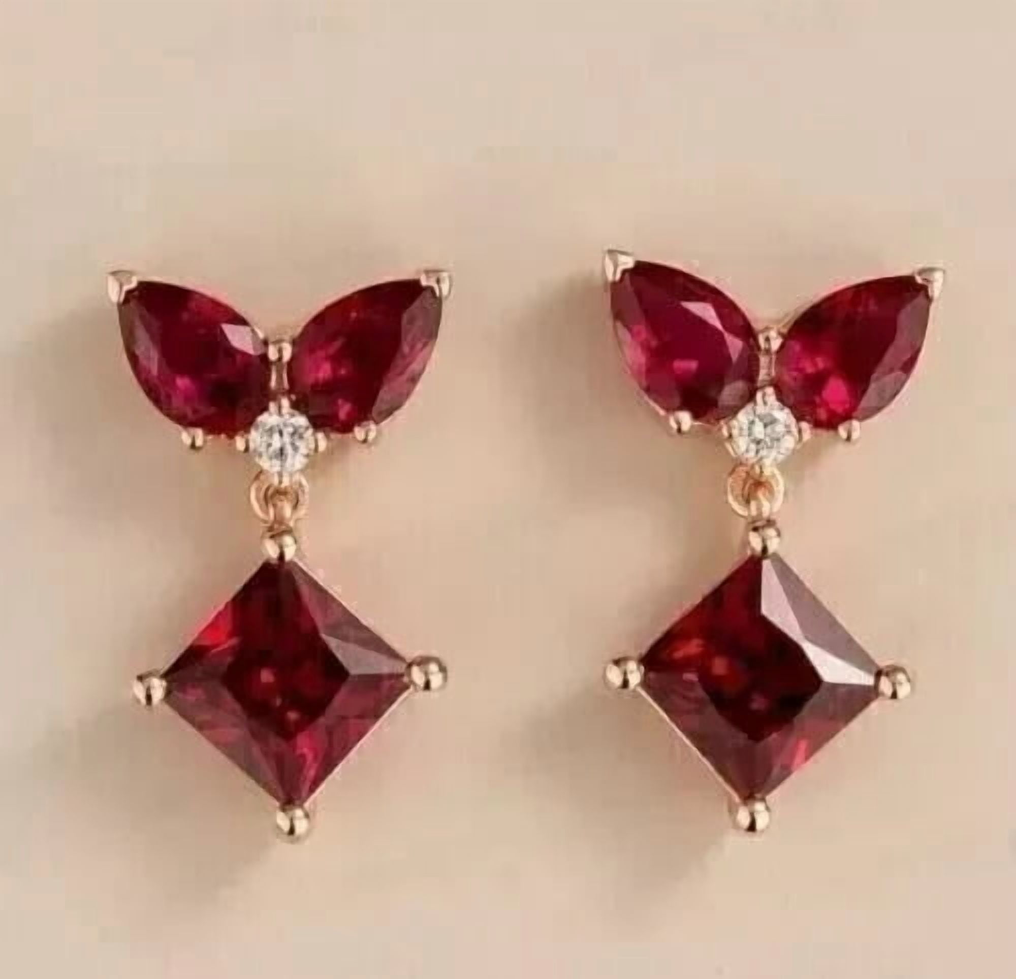 2CT Princess Cut Lab-Created Red Ruby Drop Dangle Earring 14K Yellow ...