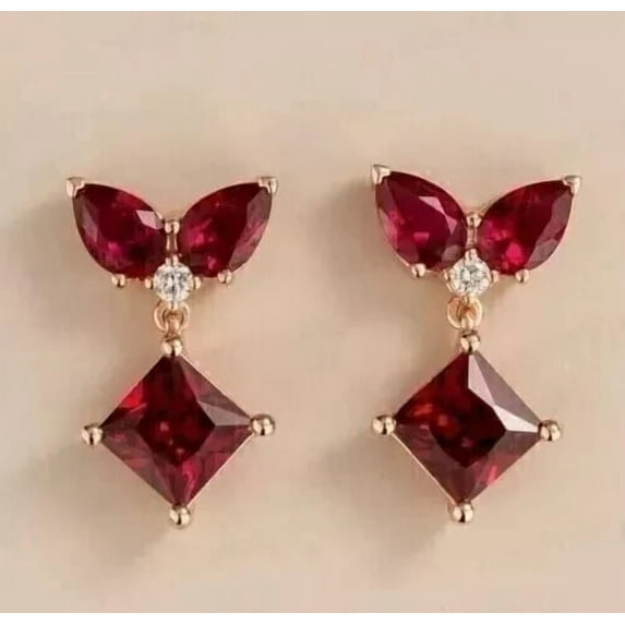 2CT Princess Cut Lab-Created Red Ruby Drop Dangle Earring 14K Yellow ...