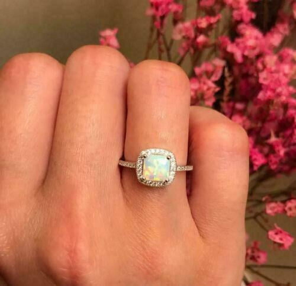 2Ct Cushion Lab Created Fire Opal Halo Engagement Ring 14K White Gold ...
