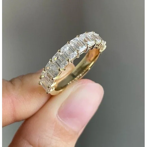 2Ct Emerald Cut Diamond -Simulated Half Wedding Band Ring 14K Yellow ...