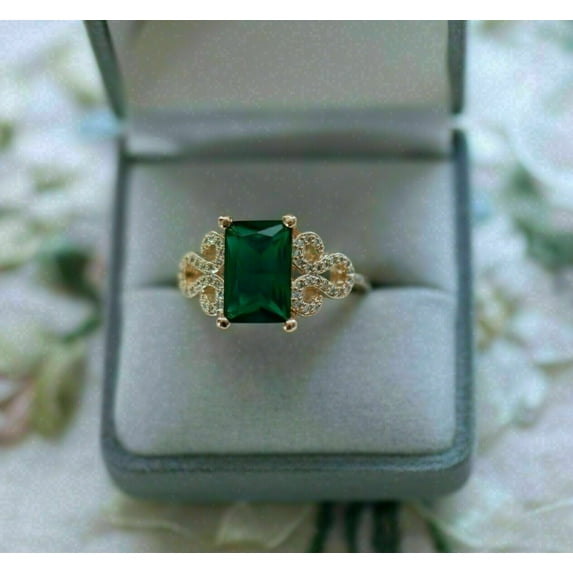 2Ct Emerald Cut Lab Created Green Emerald Engagement Ring 14K Yellow ...