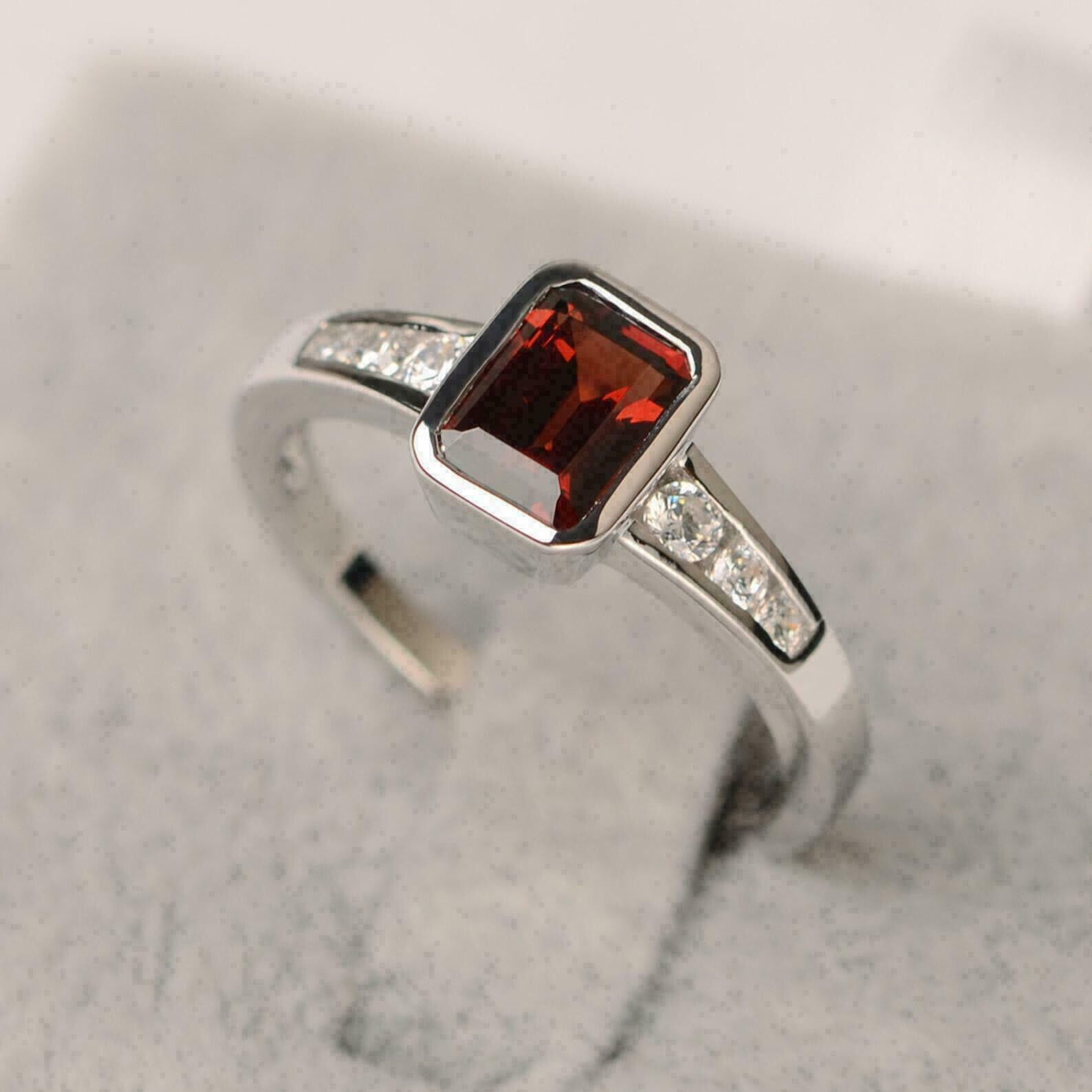 2Ct Emerald Cut Lab Created Red Garnet Bezel Set Solitaire Ring 14k ...