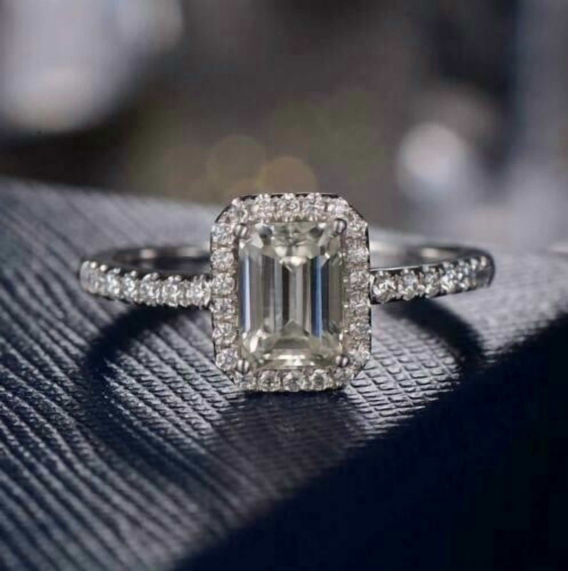 2Ct Emerald Cut Simulated Diamond Halo Engagement Ring 14K White Gold ...