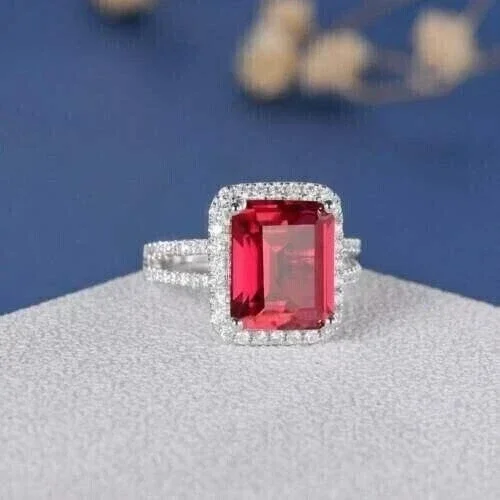 2Ct Emerald -Cut Simulated Red Ruby Halo Engagement Ring 14K White Gold ...