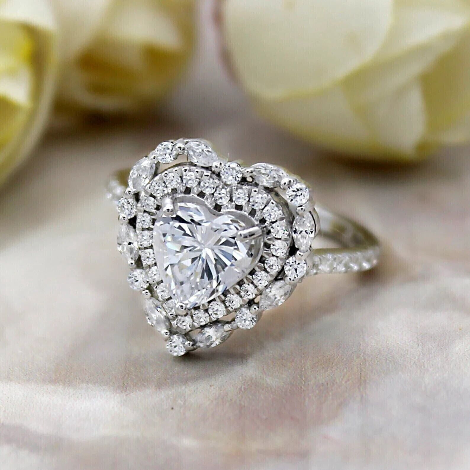 2Ct Heart Cut Simulated Diamond Women Halo Wedding Ring 14K White Gold ...