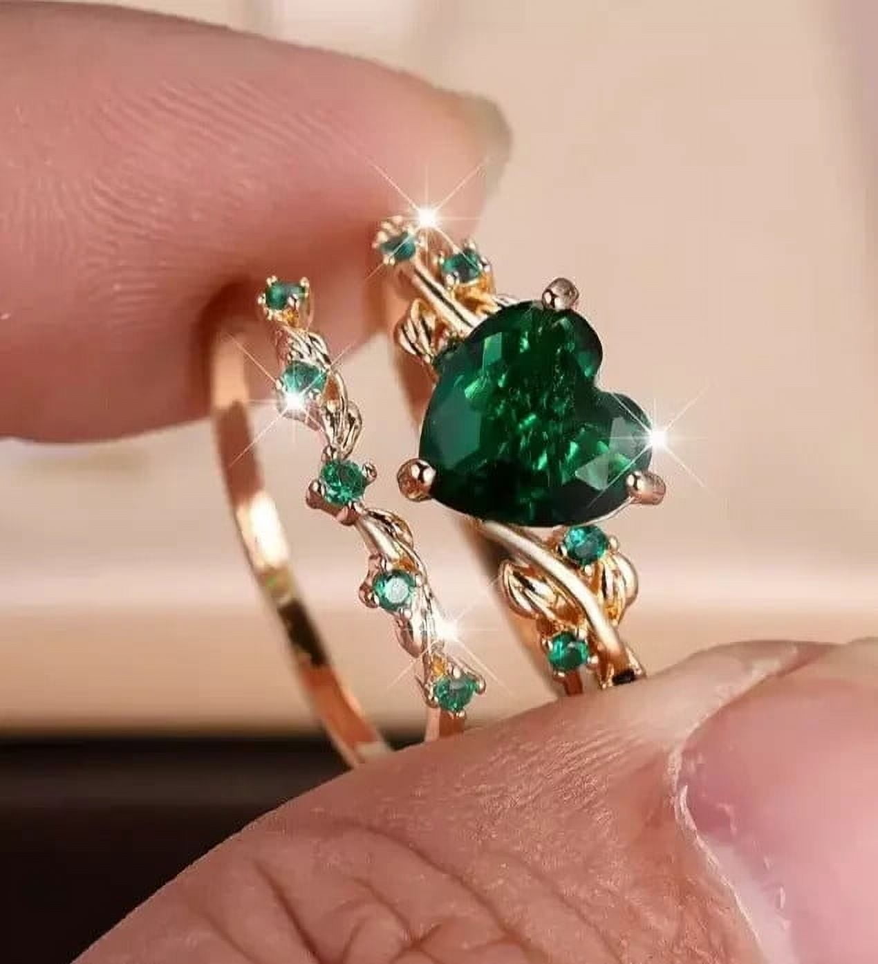 2Ct Heart Cut Simulated Emerald Wedding Bridal Ring Set 14K Yellow Gold ...