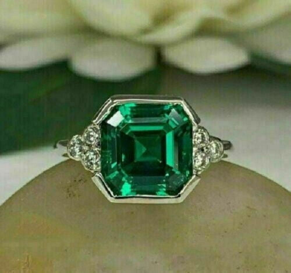 2Ct Lab Created Asscher Cut Green Emerald Women's Engagement Ring 14K ...