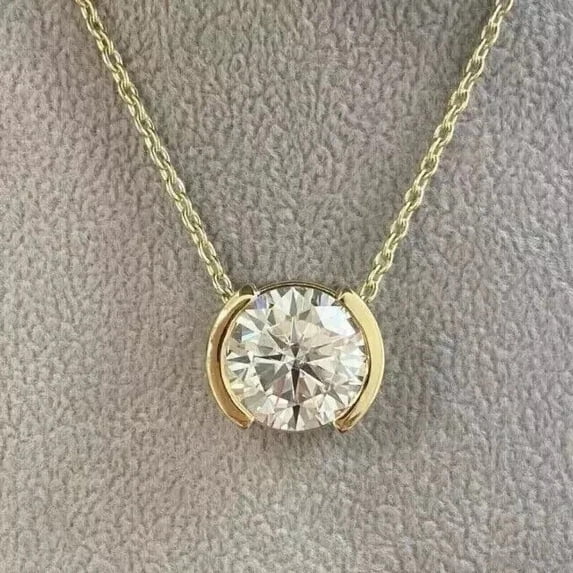 2Ct Lab Created Diamond Round Bezel Set Necklace Pendant 14K Yellow ...