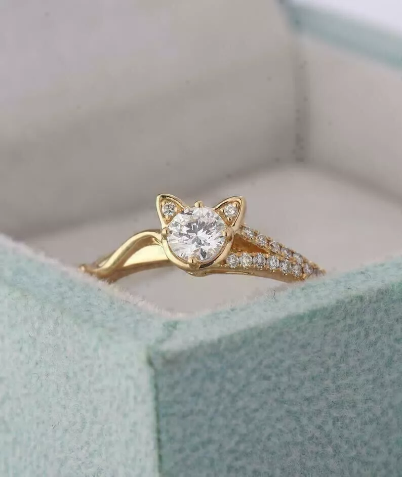 2Ct Lab Created Diamond Women's Gift Cat Ring in 14K Yellow Gold Plated ...