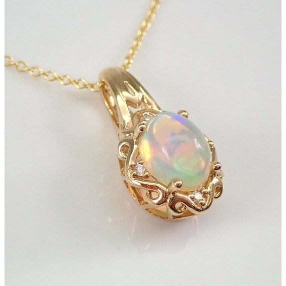 2Ct Lab Created Oval Fire Opal Solitaire Chain 16 Pendant 14K Yellow ...