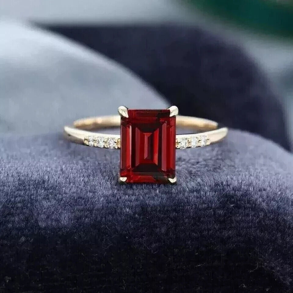 2Ct Lab Created Red Ruby & Diamond Emerald Cut Pretty & Fancy Gift Ring In 14K Yellow Gold ...