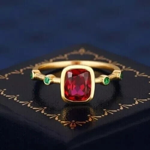 2Ct Lab Created Red Ruby & Emerald Cushion Cut Bezel Set Engagement ...