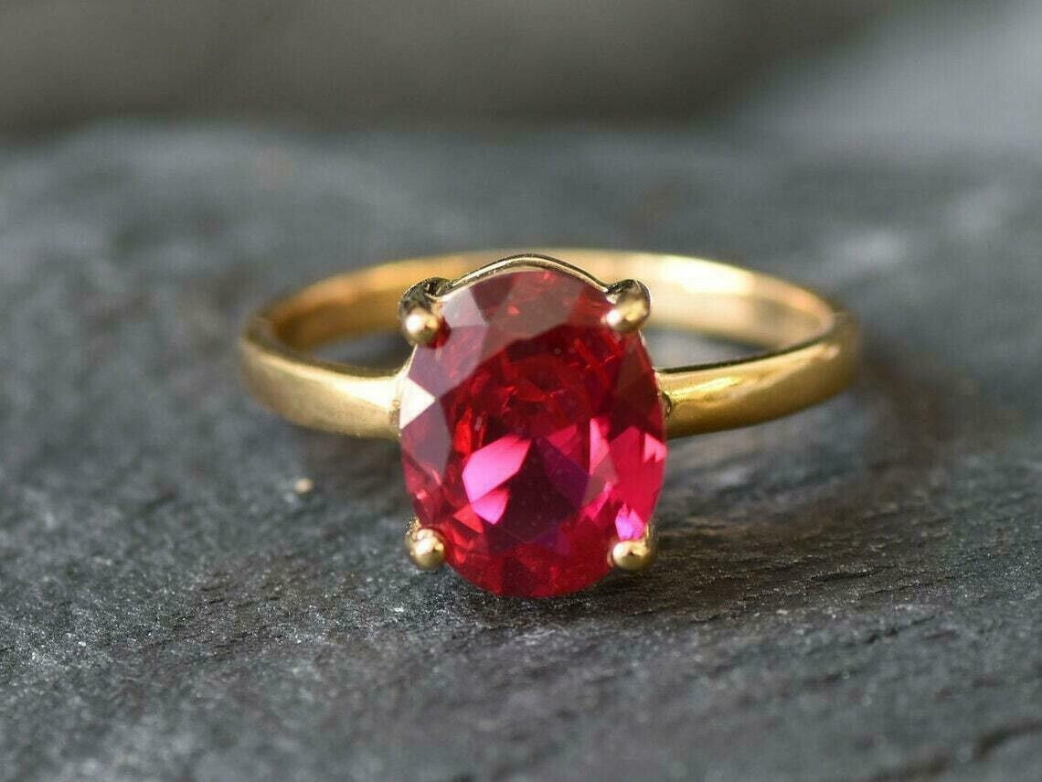 2Ct Lab Created Red Ruby Oval Cut Leady Engagement Classy & Premium Ring 14K Yellow Gold Plated ...