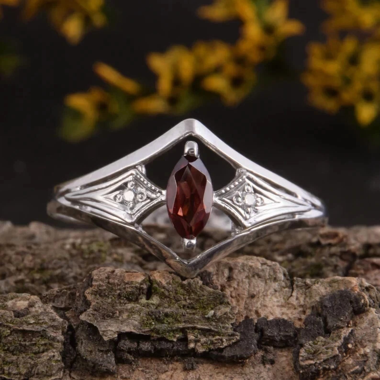 2Ct Marquise Cut Simulated Red Garnet Solitaire Women Promise Ring 14K ...