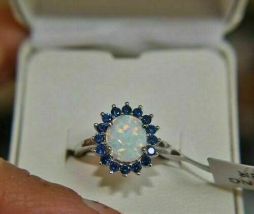2Ct Oval Cut Fire Opal & Blue Sapphire Halo Engagement Ring 14K White ...