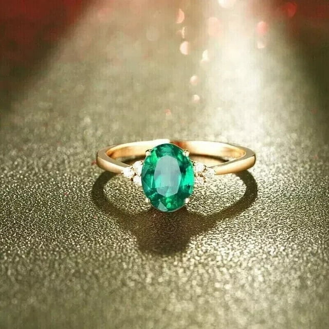2Ct Oval Cut Lab Created Green Emerald Engagement Ring 14K Yellow Gold ...