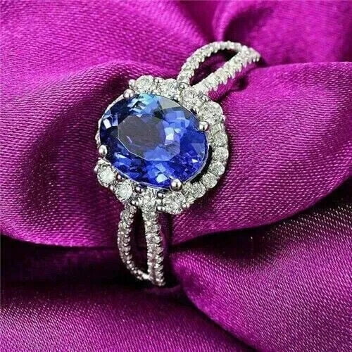 2Ct Oval Cut Lab-Created Tanzanite 14K White Gold Plated Engagement ...