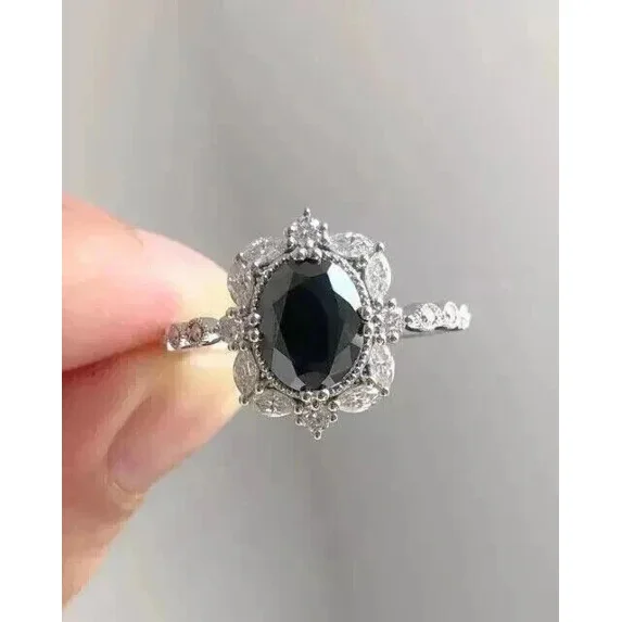 2Ct Oval Cut Simulated Black Diamond Women's Halo 14K White Gold Plated ...