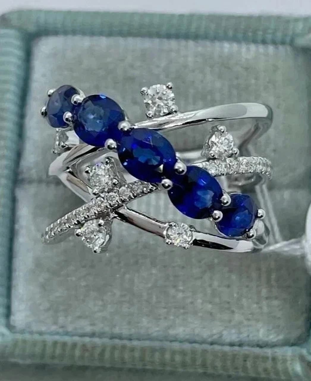 2Ct Oval Cut Simulated Blue Sapphire Band Engagement Ring 14K White ...