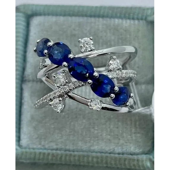 2Ct Oval Cut Simulated Blue Sapphire Band Engagement Ring 14K White ...