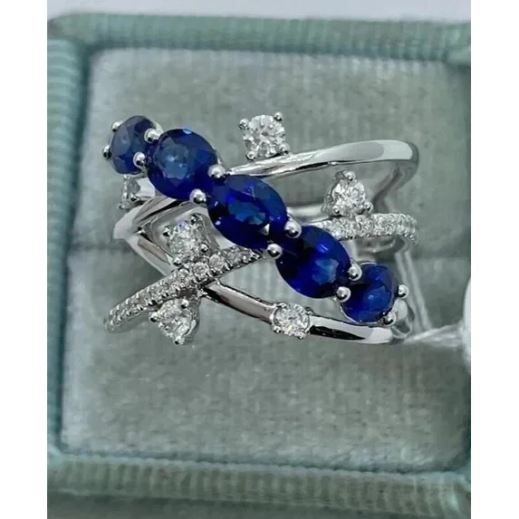 2Ct Oval Cut Simulated Blue Sapphire Band Engagement Ring 14K White ...