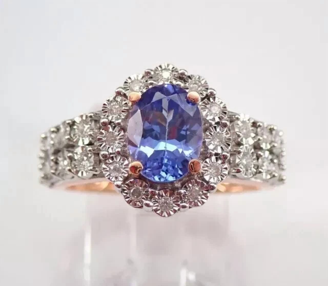 2Ct Oval Cut Simulated Blue Tanzanite Ring Halo Engagement Ring 14k ...