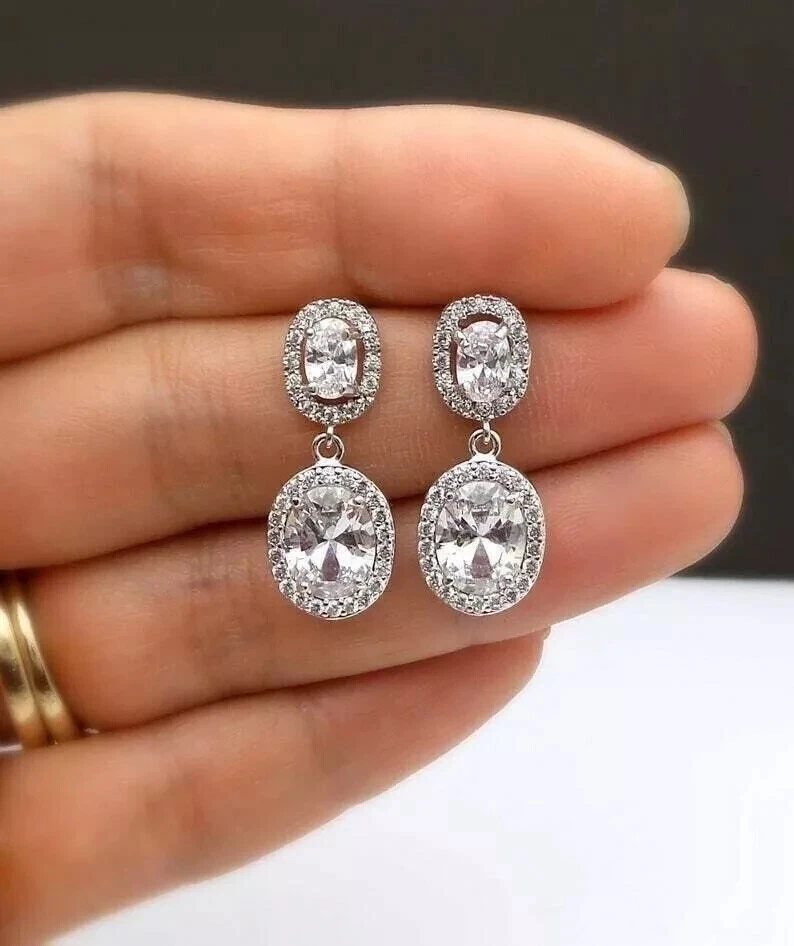 2Ct Oval Cut Simulated Diamond Halo Drop Dangle Earrings 14K White Gold ...