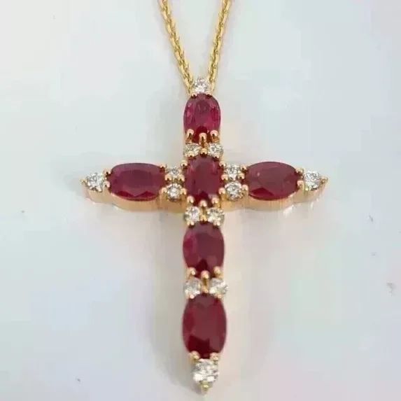 2Ct Oval Cut Simulated Diamond Red Ruby Women's Cross Pendant 14k ...