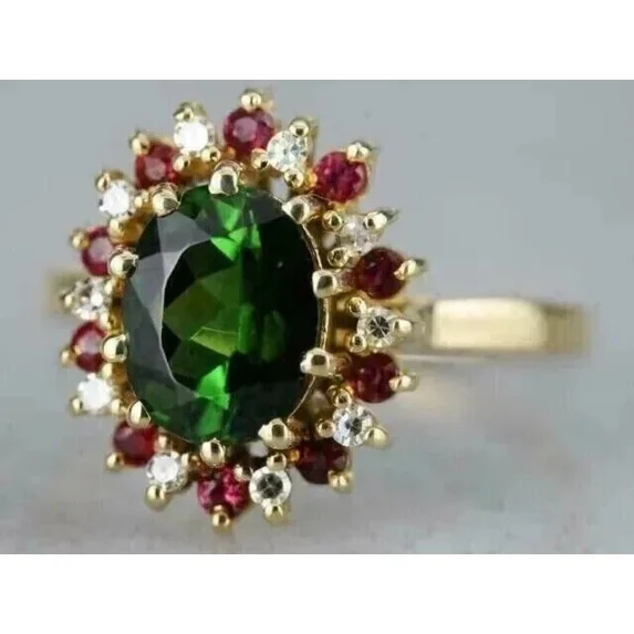 2Ct Oval Cut Simulated Green Emerald Women's Halo Wedding Band Ring 14k ...