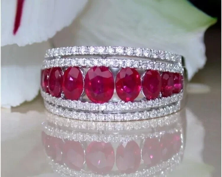 2Ct Oval Cut Simulated Red Ruby Women Wedding Band Ring 14K White Gold ...