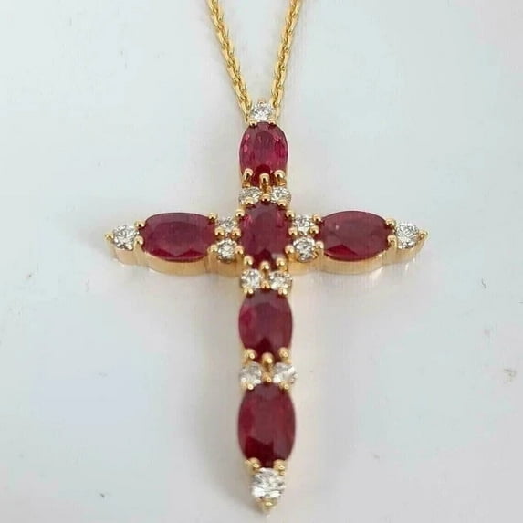 2Ct Oval Cut Simulated Red Ruby Women's Weddings Gift Cross Pendant 14k ...
