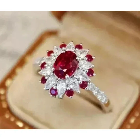2Ct Oval -Cut Simulated Ruby Halo Engagement Ring 14K White Gold Plated ...