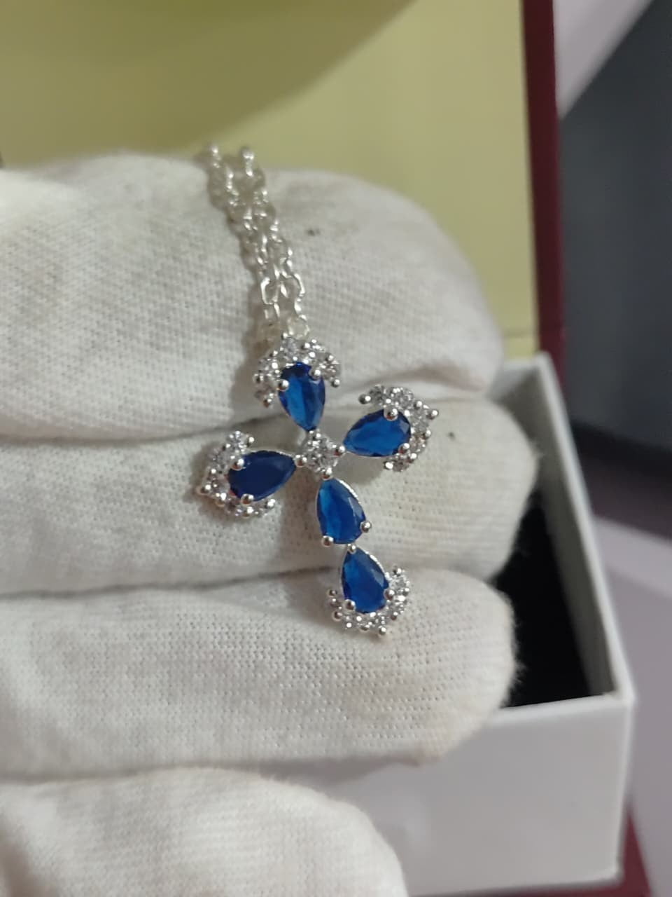 2Ct Pear Cut Lab Created Blue Sapphire Women Cross Pendant 14K White ...