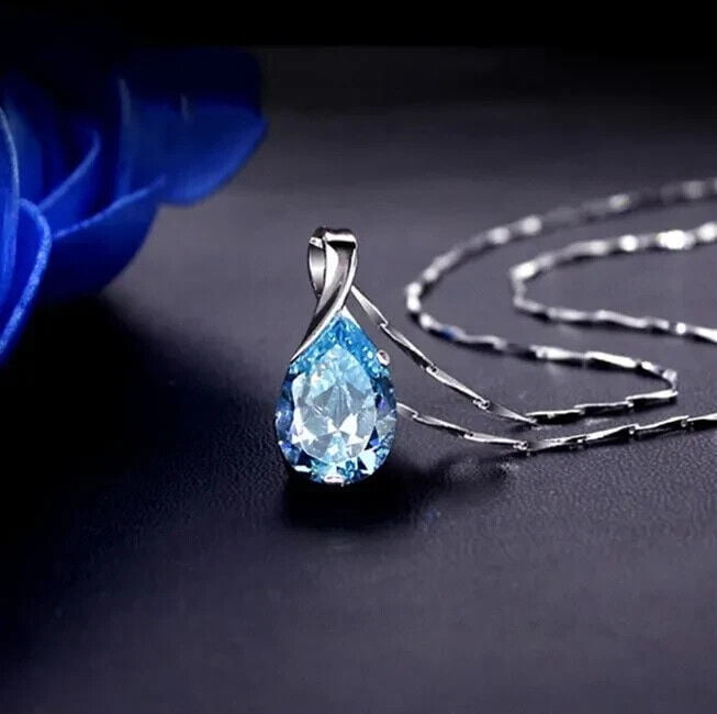 2Ct Pear Cut Lab Created Blue Topaz Drop Pendant 14K White Gold Plated ...