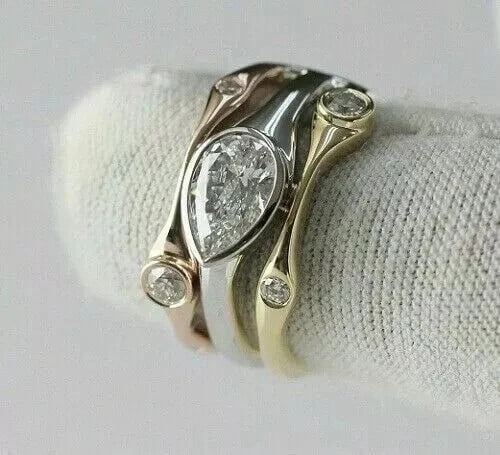2Ct Pear Cut Lab Created Diamond Bezel Set Wedding Ring 14K Multi Gold ...