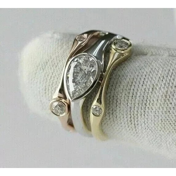 2Ct Pear Cut Lab Created Diamond Bezel Set Wedding Ring 14K Multi Gold ...