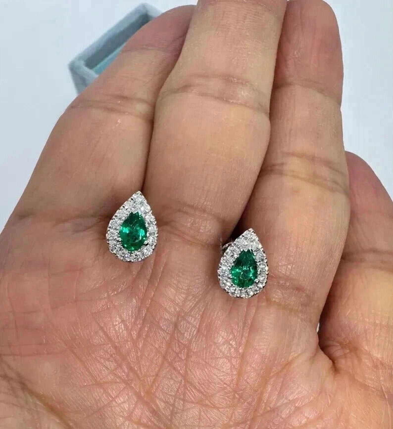2Ct Pear Cut Lab Created Green Emerald & Diamond Halo Stud Earrings 14K ...