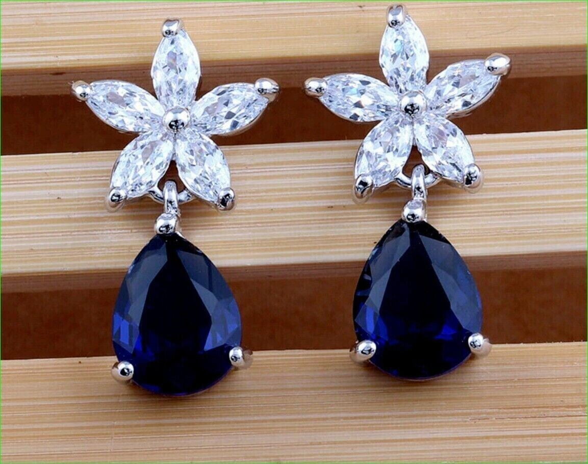 2Ct Pear Cut Simulated Blue Sapphire Women's Gift Drop Earrings 14K ...