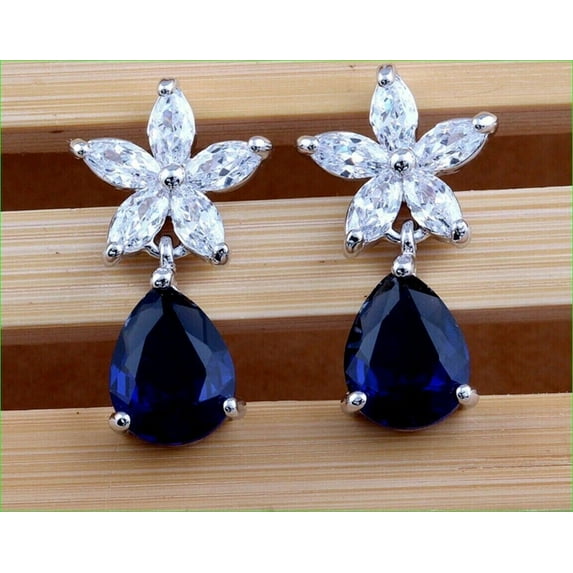 2Ct Pear Cut Simulated Blue Sapphire Women's Gift Drop Earrings 14K ...