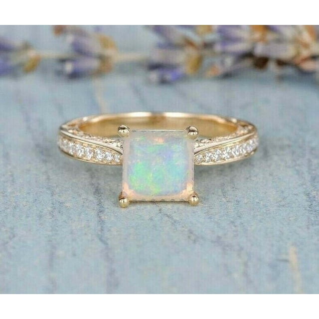 2Ct Princess Cut Lab Created Fire Opal Engagement Ring 14K Yellow Gold ...