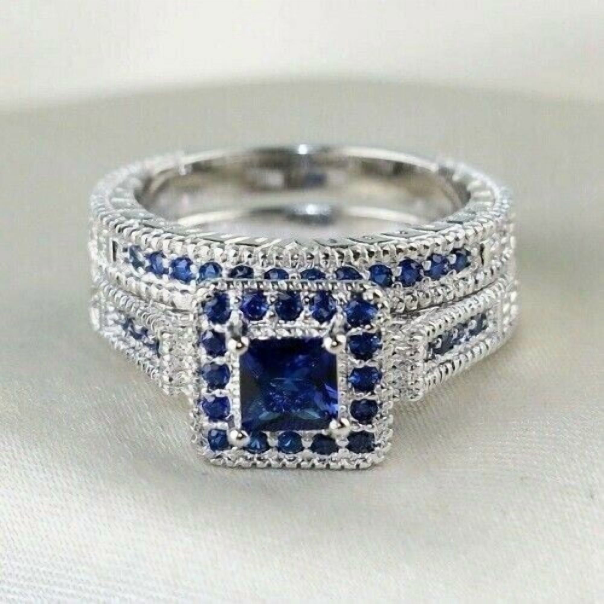 2Ct Princess Simulated Blue Sapphire Halo Wedding Women's Bridal Ring ...