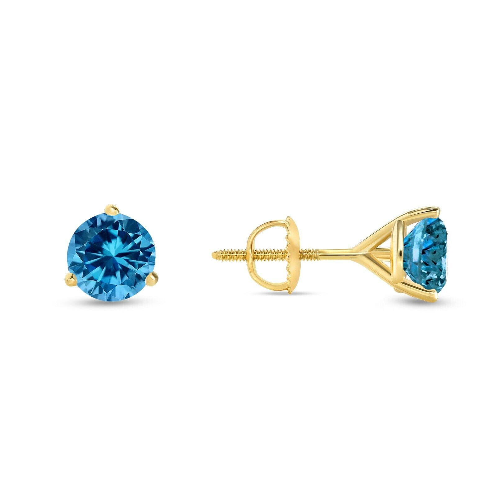 2Ct Round Blue Diamond Solitaire Stud Earrings 14k Yellow Gold Finish ...