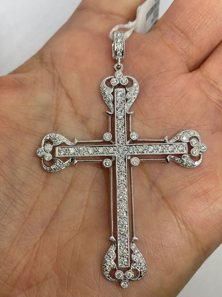 2Ct Round Cut Lab Created Diamond Cross Pendant 14K White Gold Plated ...